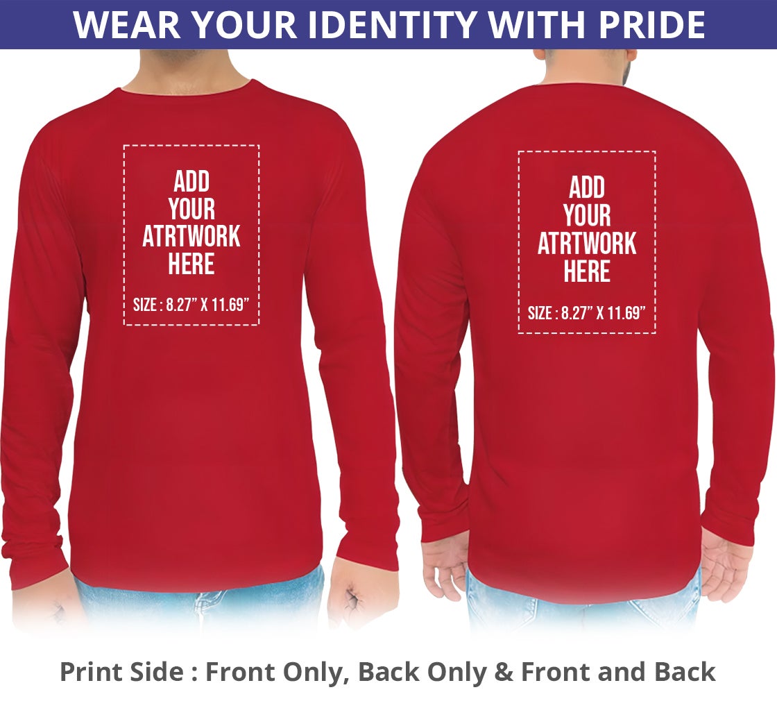 Printed Long Sleeves Crew Neck Cotton T-Shirt in Red Color | BannerBuzz